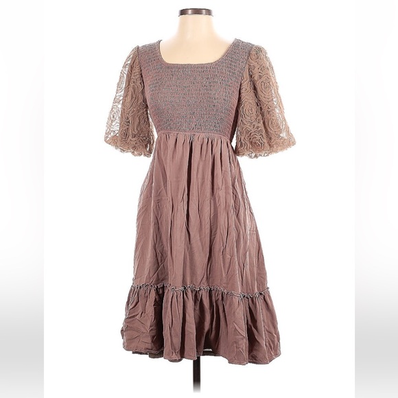 Polagram | Dresses | Polagram Taupe Tan Brown Smocked Shirred Floral ...